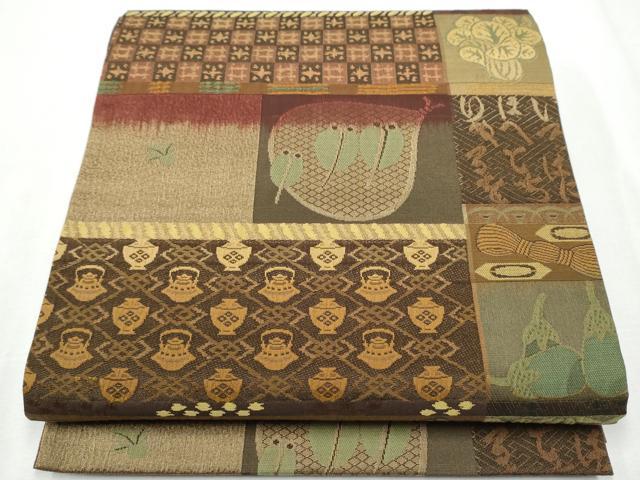 平和屋着物●全通柄袋帯　器物文　貝　正絹　逸品　CABA4821hy