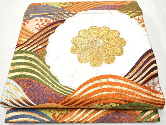 平和屋着物●西陣　河合美術織物謹製　六通柄袋帯　唐織　流水菊文　金糸　正絹　逸品　CABA4829hy