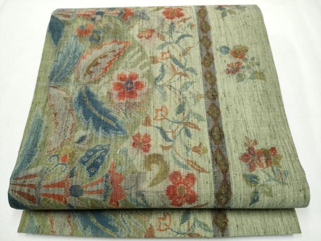 平和屋着物●六通柄袋帯　紬地　更紗草花文　正絹　逸品　CABA4838hy