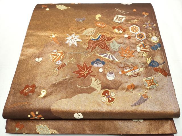 平和屋着物●六通柄袋帯　唐織　宝尽くし花文　金糸　引箔　正絹　逸品　CABA4848hy