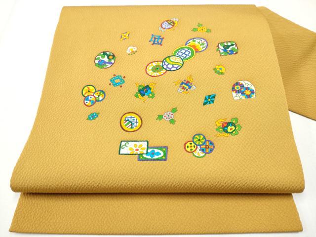 平和屋着物●九寸名古屋帯　型染め　吉祥花丸文　鬼しぼ縮緬　正絹　逸品　CABA4853hy