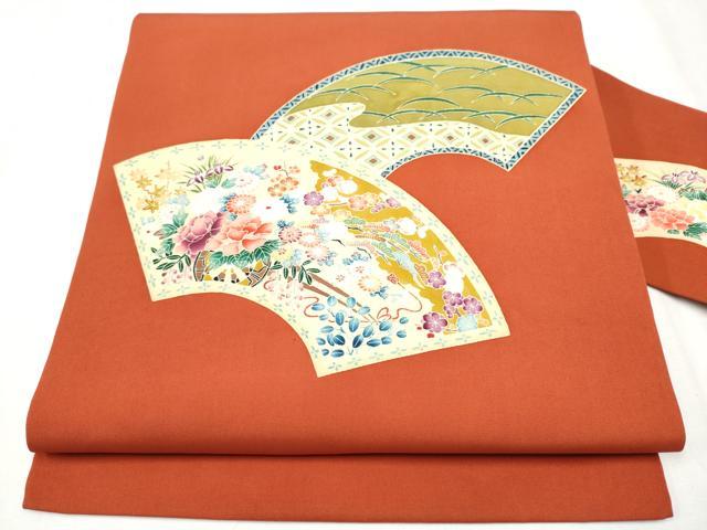 平和屋着物●塩瀬　九寸名古屋帯　友禅　作家物　地紙花車文　正絹　逸品　CABA4860hy