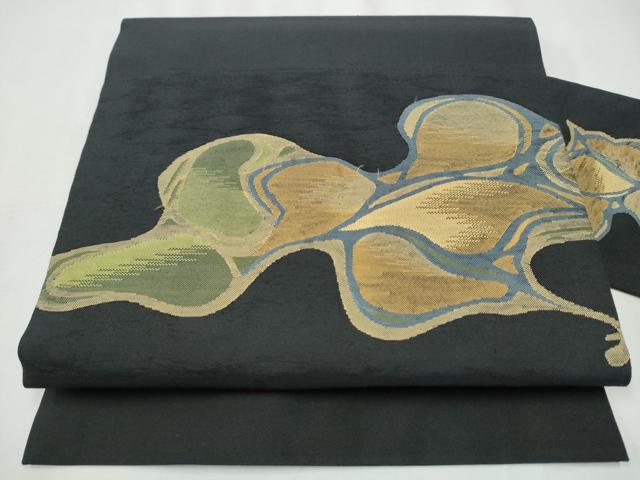 平和屋着物●八寸名古屋帯　すくい織　抽象文　黒地　正絹　逸品　CABA4865hy