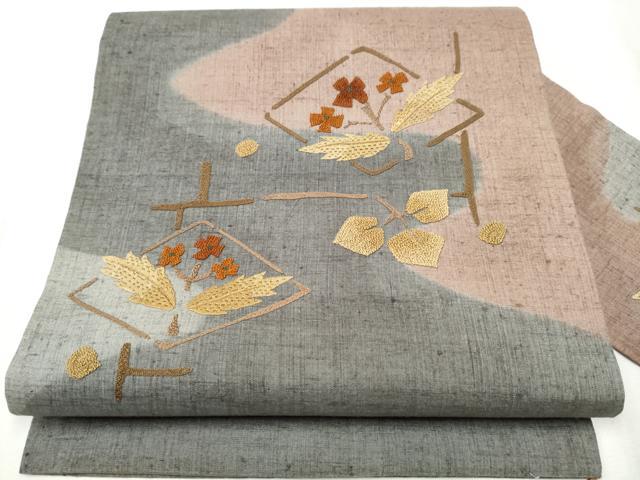 平和屋着物●中国三大刺繍　相良刺繍　総刺繍　九寸名古屋帯　紬地　菱草花文　正絹　逸品　CABA4877hy