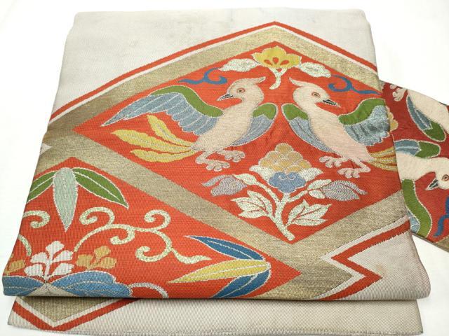 平和屋着物●アンティーク　大正ロマン　九寸名古屋帯　唐織　花鳥文　金銀糸　正絹　逸品　CABA4886hy