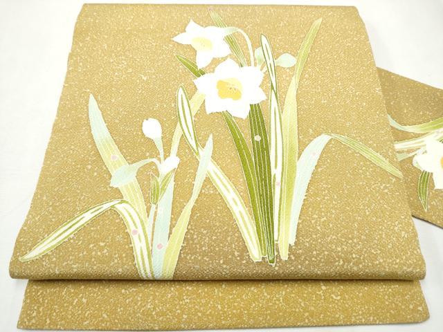 平和屋着物●九寸名古屋帯　友禅　草花文　たたき染め　鬼しぼ縮緬　正絹　逸品　CABA4898hy