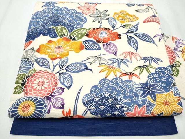 平和屋着物●九寸名古屋帯　紬地　型染め　草花文　正絹　逸品　CABA4899hy