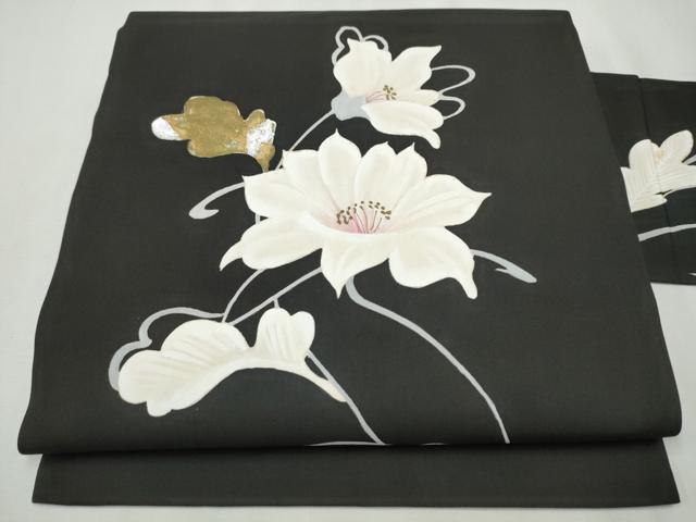 平和屋着物●塩瀬　九寸名古屋帯　枝花文　黒地　金銀彩　正絹　逸品　CABA4901hy