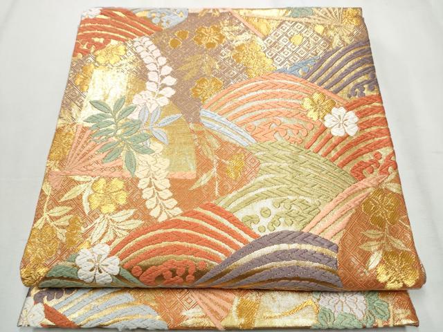 平和屋着物●六通柄袋帯　佐賀唐織　青海波扇散文　金糸　正絹　逸品　CABA4941hy