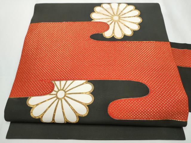 平和屋着物●塩瀬　九寸名古屋帯　駒刺繍　エ霞菊文　黒地　金彩　正絹　逸品　CABA4953hy