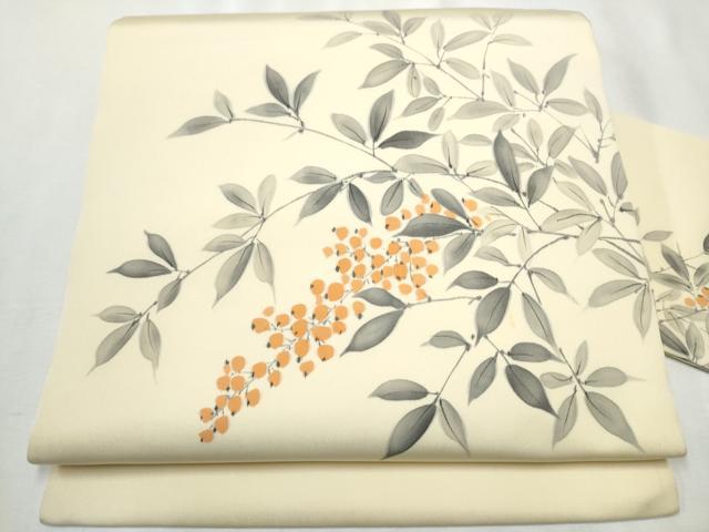 平和屋着物●塩瀬　九寸名古屋帯　手描き　南天文　正絹　逸品　CABA4957hy