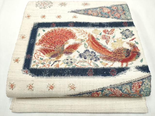 平和屋着物●八寸名古屋帯　紬地　孔雀文　金糸　正絹　逸品　CABA4961hy