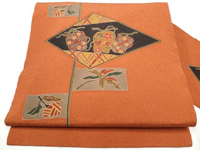 平和屋着物●九寸名古屋帯　刺繍　型染め　成物　鬼しぼ縮緬　正絹　逸品　CABA4963hy