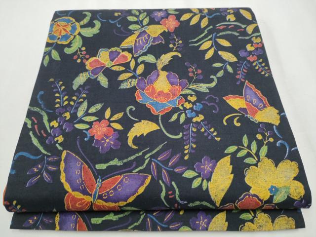 平和屋着物●全通柄　京袋帯　紬地　更紗花蝶文　正絹　逸品　CABA4974hy