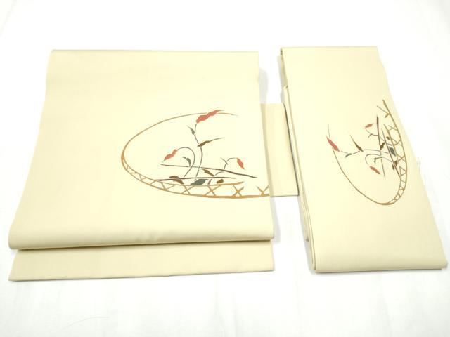 平和屋着物●塩瀬　つけ帯　駒刺繍　草花文　金彩　正絹　逸品　CABA5006hy