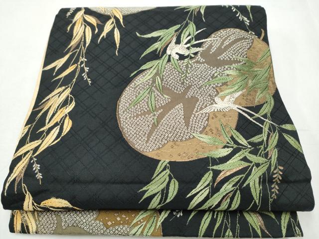 平和屋着物●現代アンティーク　貝島はるみ　綺麗伝説　六通柄袋帯　唐織　飛鳥枝笹丸文　黒地　金糸　正絹　逸品　CABA5040hy