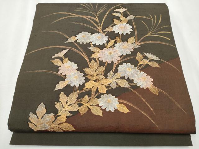 平和屋着物●銀座きしや　太鼓柄袋帯　すくい織　枝菊文　金糸　正絹　逸品　CABA5052hy