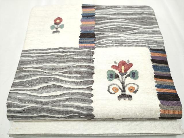 平和屋着物▽スリーシーズン　春夏秋　太鼓柄袋帯　櫛織　草花文　正絹　逸品　CABA5053hy