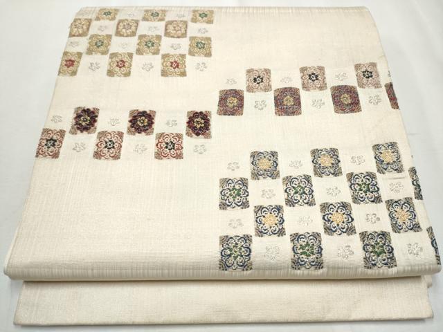 平和屋着物●九寸開き名古屋帯　市松花文　金銀糸　正絹　逸品　CABA5066hy