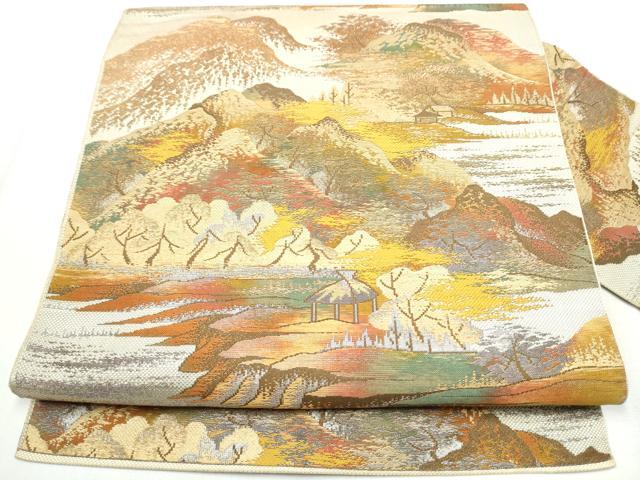 平和屋着物●本場筑前博多織　八寸名古屋帯　遠山風景文　金銀糸　正絹　逸品　CABA5073hy