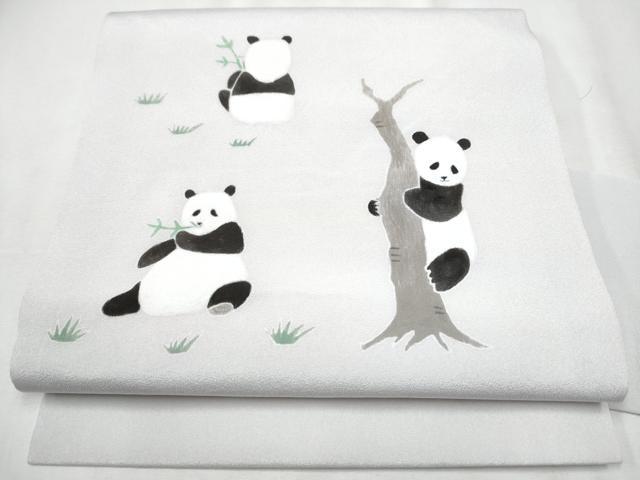 平和屋着物●九寸名古屋帯　手描き　笹　パンダ　正絹　逸品　CABA5089hy