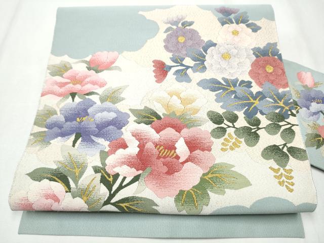 平和屋着物●爪掻き本綴れ　八寸名古屋帯　雲取り草花文　金銀糸　正絹　逸品　CABA5100hy