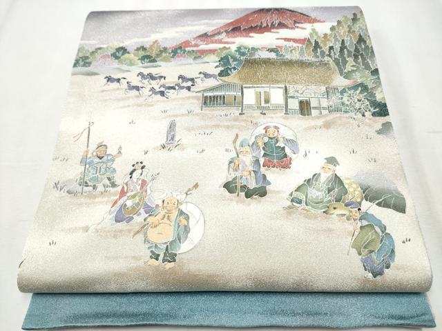 平和屋着物●太鼓柄袋帯　七福神　風景文　銀通し地　正絹　逸品　CABA5109hy