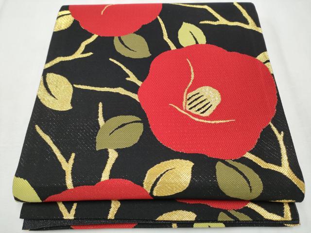 平和屋着物●六通柄袋帯　枝椿　黒地　金糸　正絹　逸品　CABA5130hy