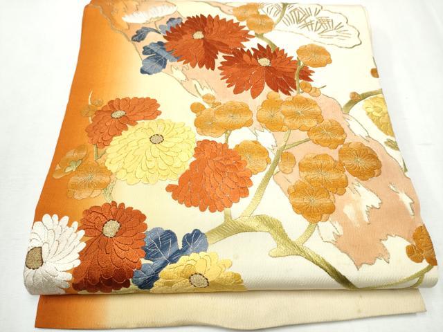 平和屋着物●アンティーク　大正ロマン　丸帯　総手刺繍　駒刺繍　枝花文　金糸　引き抜き帯　正絹　逸品　CABA5143hy