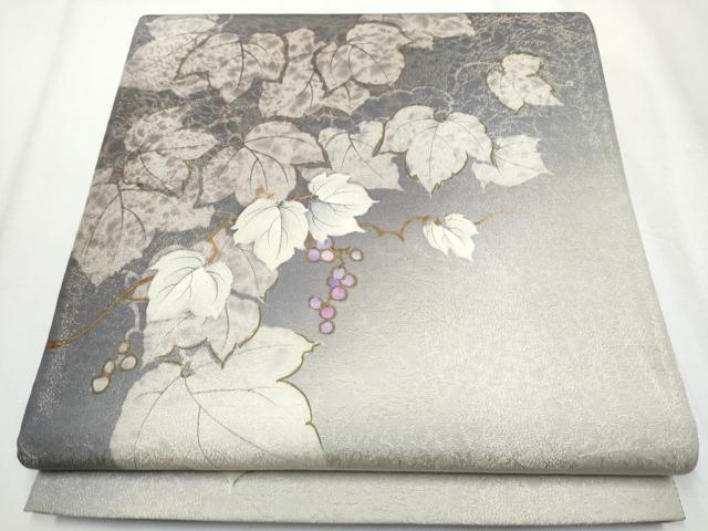 平和屋着物●太鼓柄袋帯　手描き　葡萄蔦の葉文　金通し地　正絹　逸品　CABA5147hy
