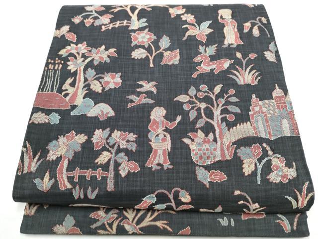 平和屋着物●六通柄袋帯　人物鳥獣花文　正絹　逸品　CABA5162hy