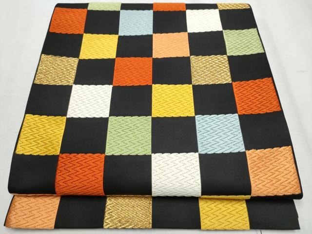 平和屋着物●六通柄袋帯　唐織　市松文様　黒地　金糸　正絹　逸品　CABA5175hy