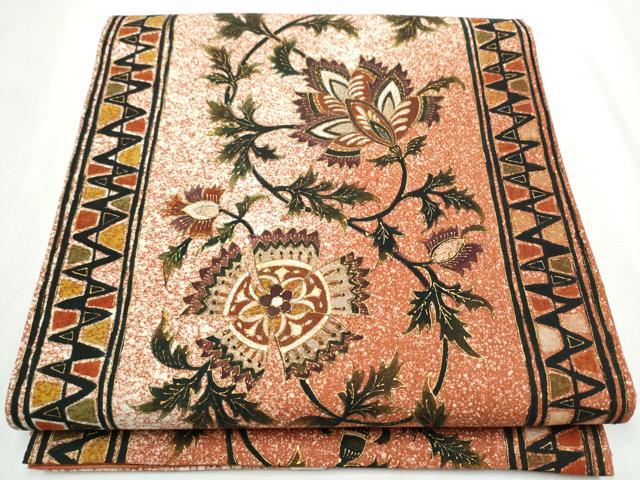 平和屋着物●太鼓柄袋帯　紬地　更紗花文　金彩　正絹　逸品　CABA5183hy