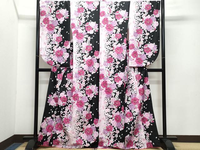 平和屋着物●H・L（アッシュエル）　HENRI-LUC CHAPUIS　小振袖　二尺袖　舞花文　黒地　金彩　洗える着物　CABA6085vf