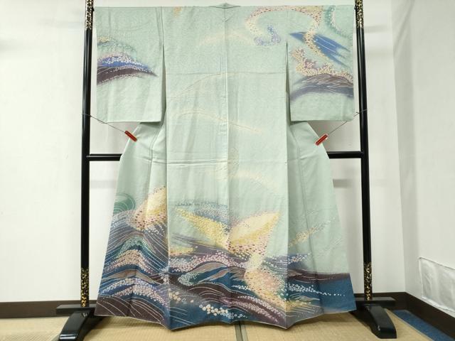 平和屋着物●訪問着　絞り　立波舞花文　暈し染め　金通し地　正絹　逸品　CABA6247yc