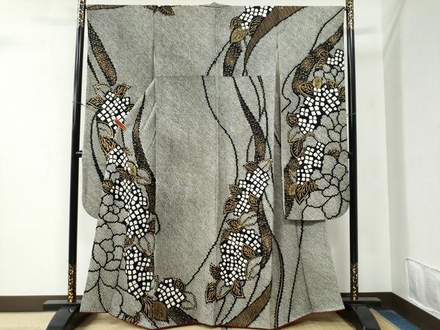 平和屋着物●豪華振袖　総絞り　草花文　黒地　金彩　正絹　逸品　CABA6256yc