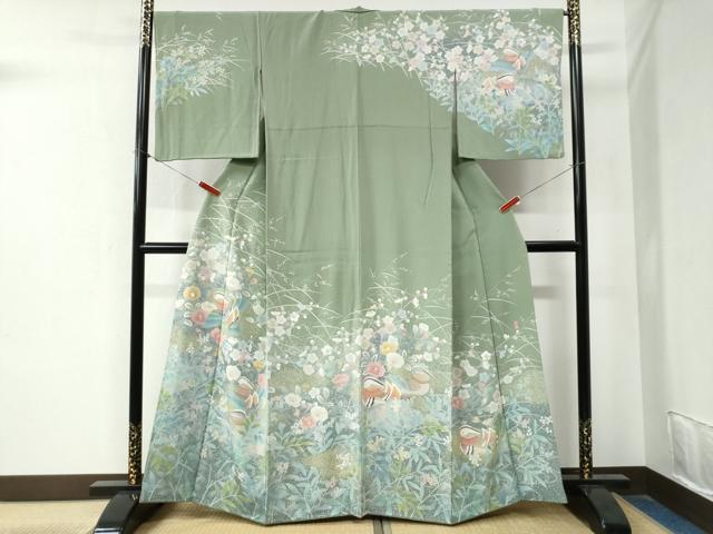 平和屋着物●訪問着　友禅　作家物　鴛鴦草花文　暈し染め　正絹　逸品　CABA6314yc