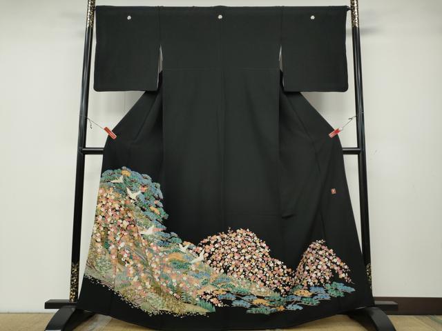 平和屋着物●豪華黒留袖　友禅　作家物　飛鶴風景草花文　正絹　逸品　CABA8024ut
