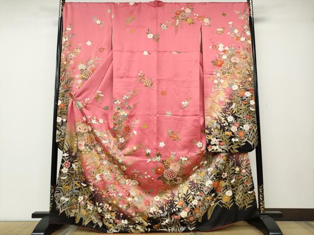 平和屋着物●豪華振袖　駒刺繍　花籠文　シルエット　暈し染め　金彩　正絹　逸品　CABA8090ut