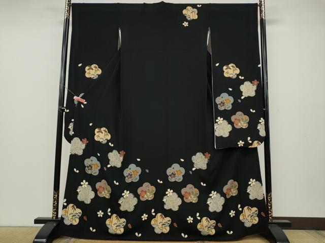 平和屋着物●豪華振袖　舞花文　黒地　金彩　鬼しぼ縮緬　正絹　逸品　CABA8165ut