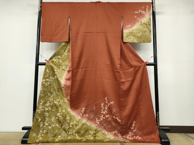 平和屋着物●訪問着　刺繍　舞蝶草葉文　暈し染め　銀彩　ロング丈　正絹　逸品　CABA8390ut