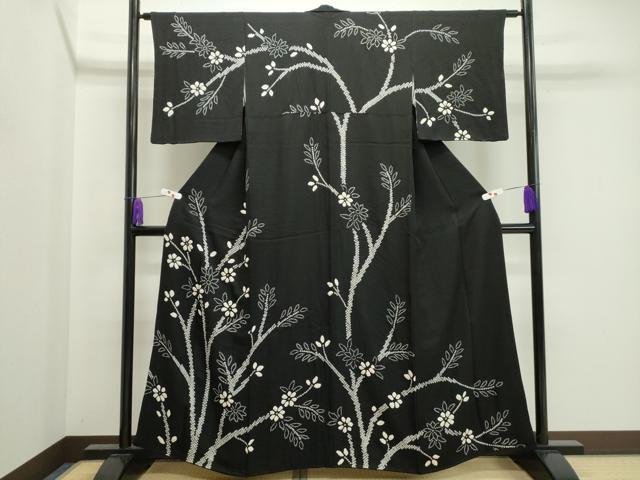 平和屋着物●訪問着　絞り　草花文　黒地　正絹　逸品　CABA8845dy