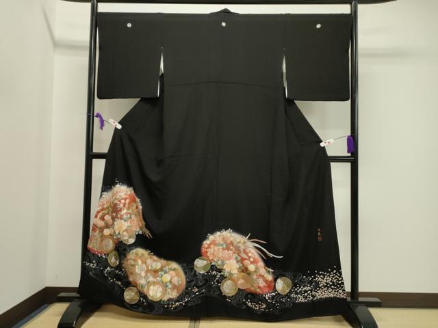 平和屋着物●伝統工芸士　村井紀夫　黒留袖　流水尾長鳥花丸文　暈し染め　金銀彩　正絹　逸品　CABA8857dy