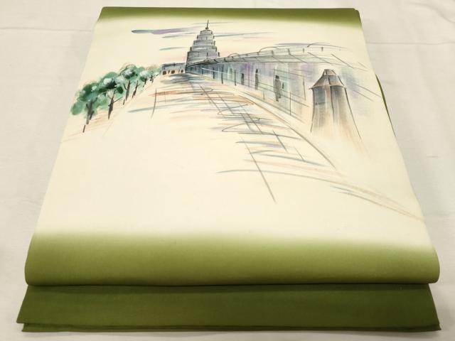 平和屋着物●塩瀬　九寸開き名古屋帯　手描き　風景文　正絹　逸品　CABA8980dy