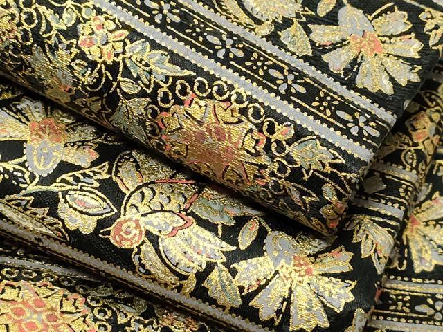 平和屋着物●半幅帯　紬地　更紗花鳥文　黒地　金彩　正絹　逸品　未使用　CABA9116dy