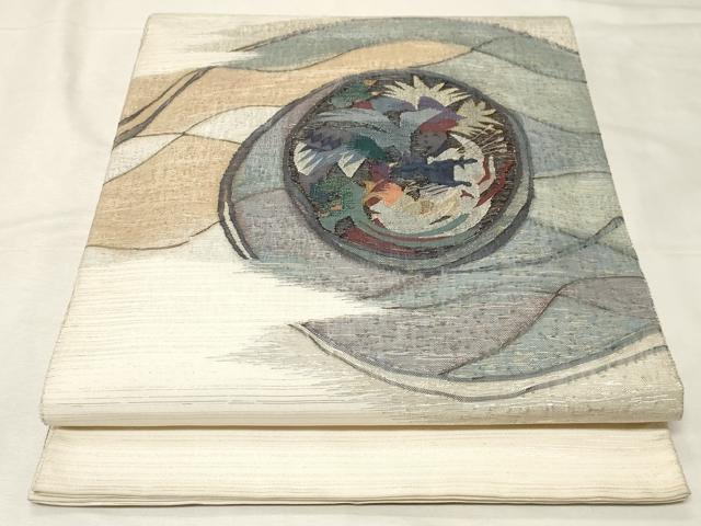 平和屋着物●手織綴れ　山鹿清華　太鼓柄袋帯　すくい織　花鳥絵皿文　金銀糸　正絹　逸品　CABA9138dy