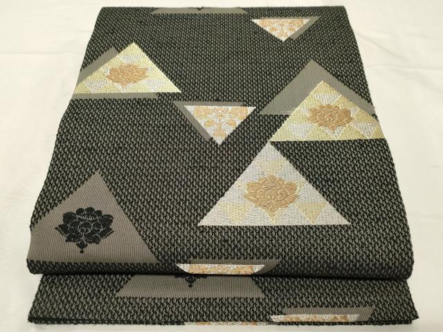 平和屋着物●六通柄袋帯　唐織　紬地　吉祥花文　黒地　金銀糸　正絹　逸品　CABA9158dy