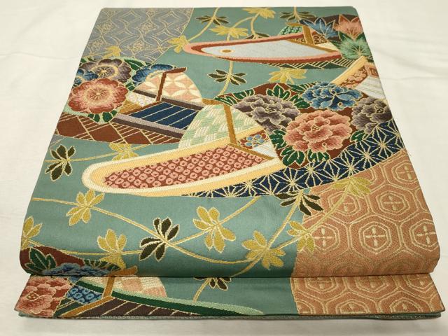 平和屋着物●西陣　白綾苑大庭　六通柄袋帯　唐織　渡船　草花文　金糸　正絹　逸品　CABA9165dy