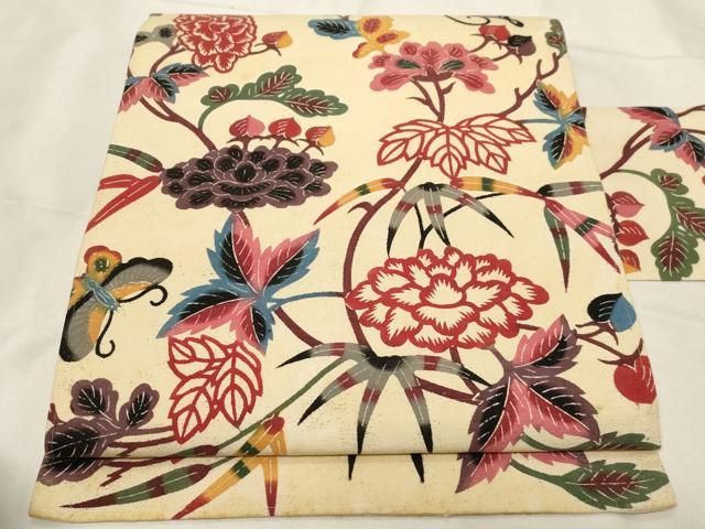 平和屋着物●九寸名古屋帯　紬地　型染め　花蝶文　正絹　逸品　未使用　CABA9189dy