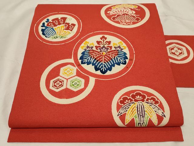 平和屋着物●九寸名古屋帯　型染め　松竹梅　舞蝶丸文　鬼しぼ縮緬　正絹　逸品　未使用　CABA9191dy